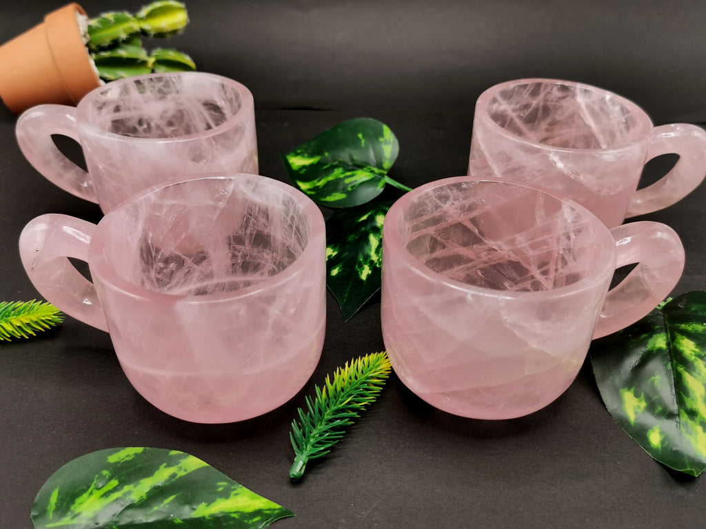 Rose quartz tea set - exquisite carving of a tea kettle and 4 tea cups