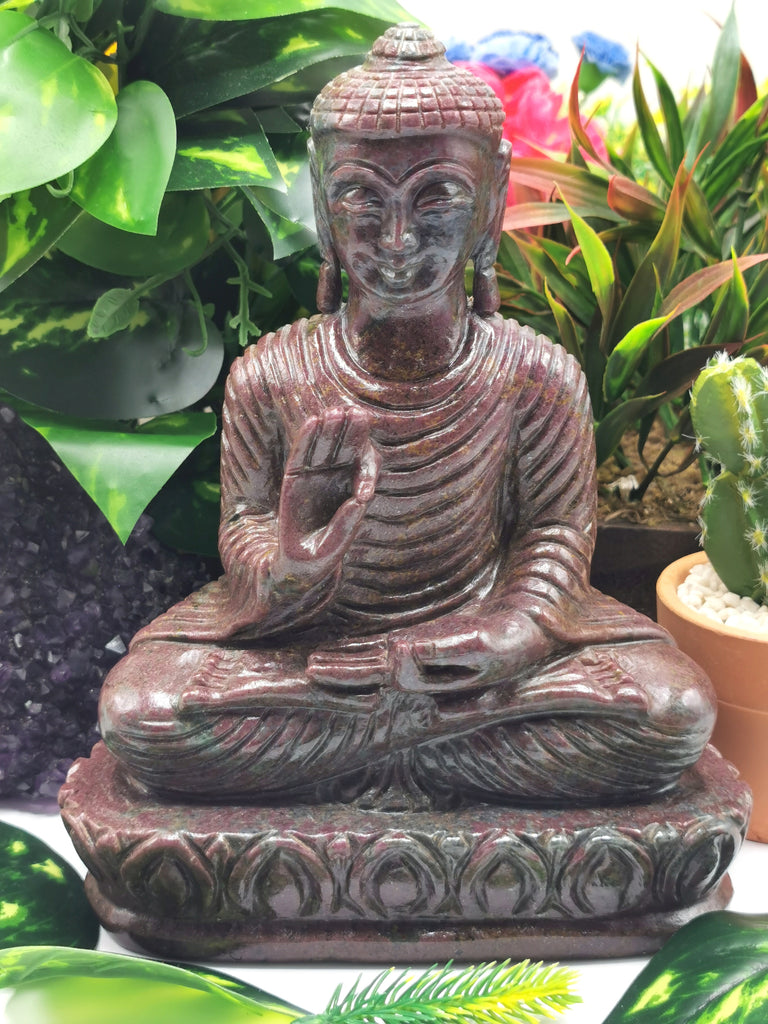 Ruby Kyanite Buddha - handmade carving of serene and meditating Lord B