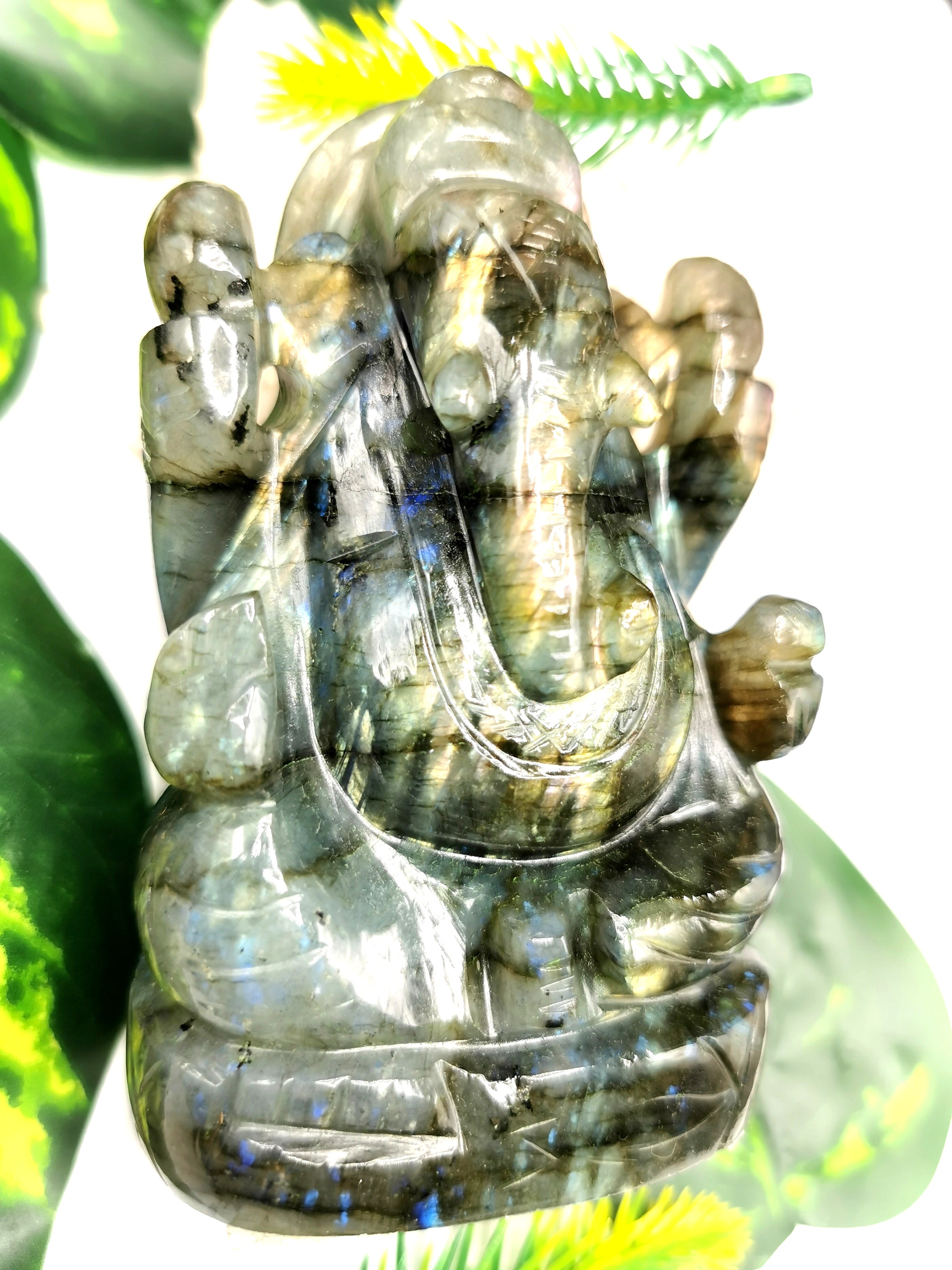 Labradorite Crystal Handmade Carving of Ganesh with blue flash - Lord