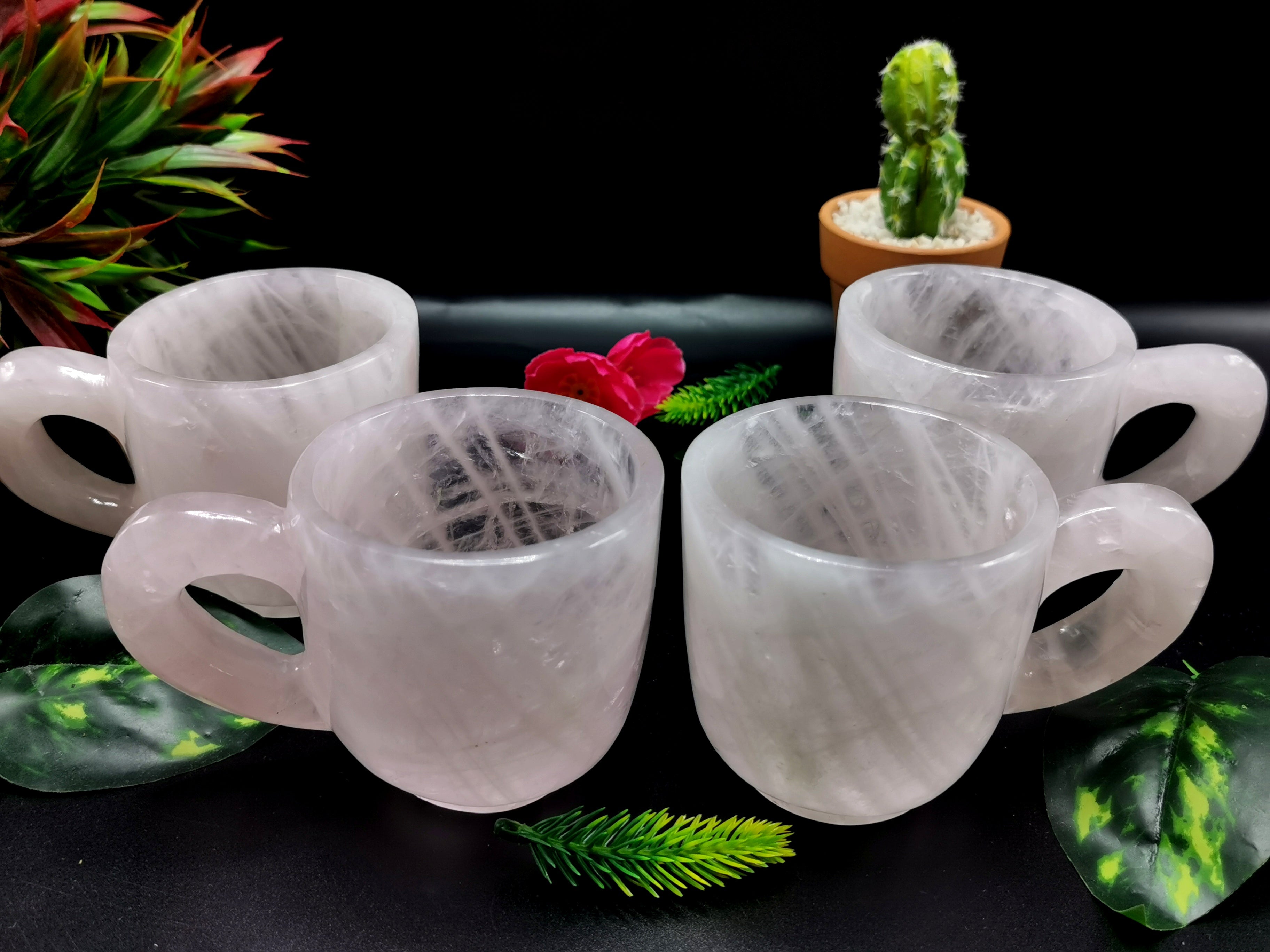 Rose quartz tea set - exquisite carving of a tea kettle and 4 tea cups