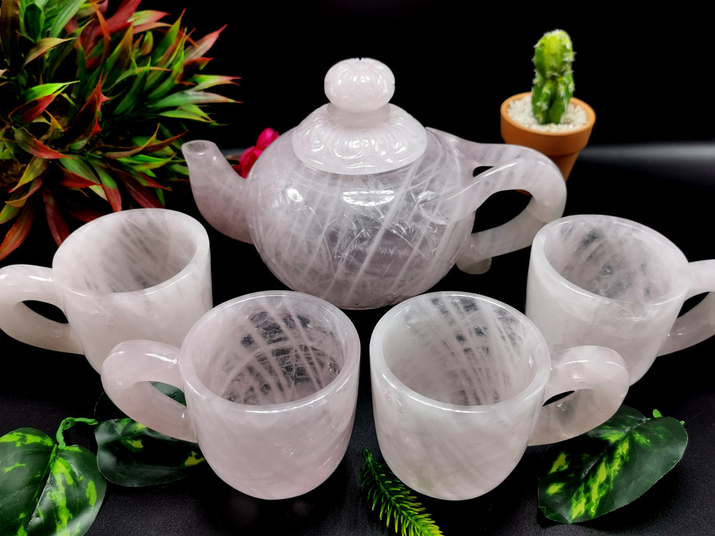 Rose quartz tea set - exquisite carving of a tea kettle and 4 tea cups
