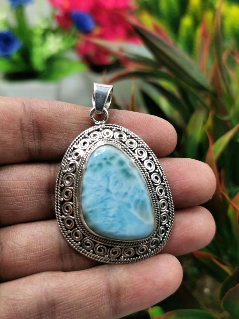 Genuine Larimar stone pendant made in 925 Sterling silver | gemstone j