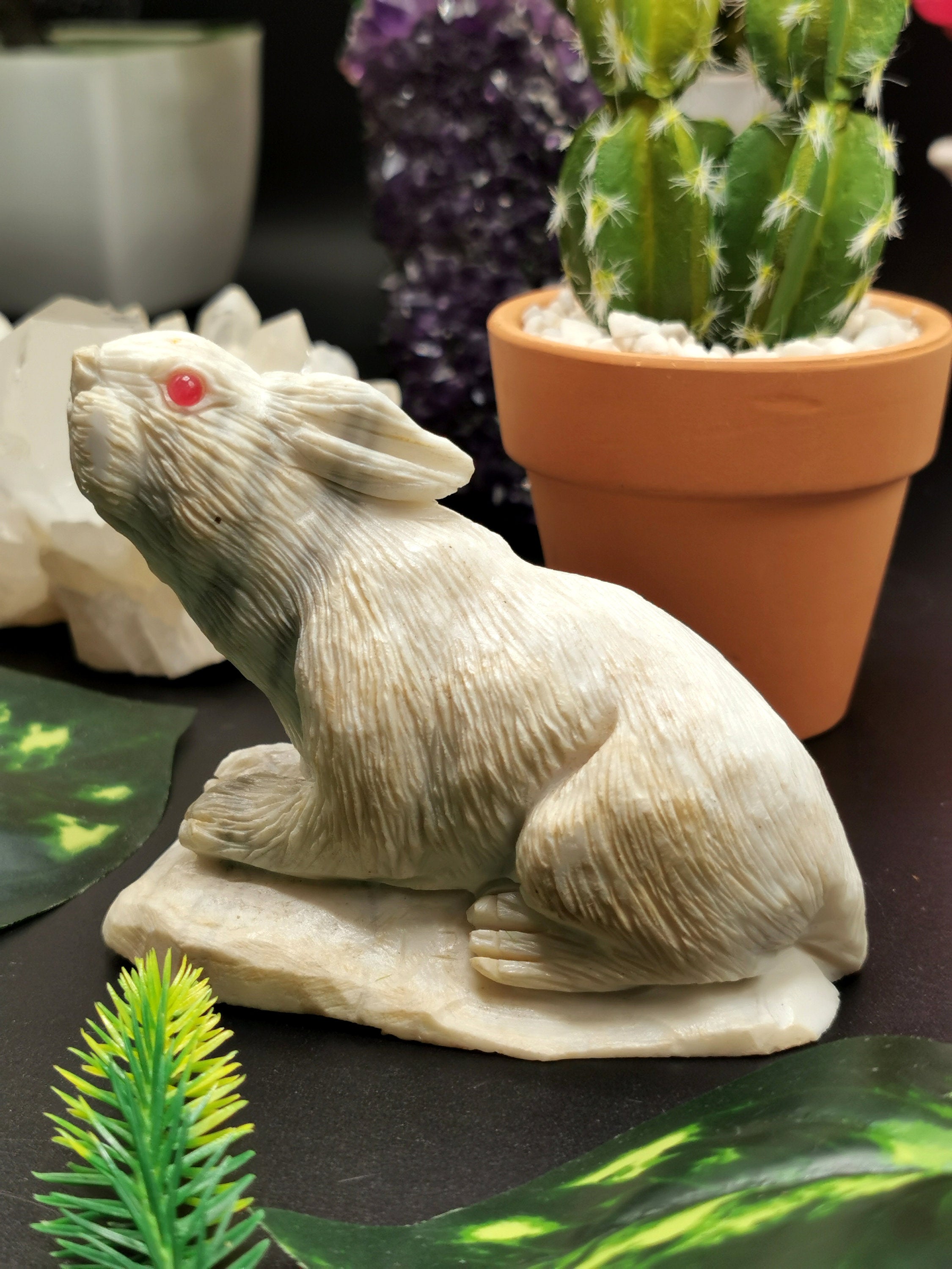 White Jade Stone carving of rabbit - spirit animal - home decor gemsto