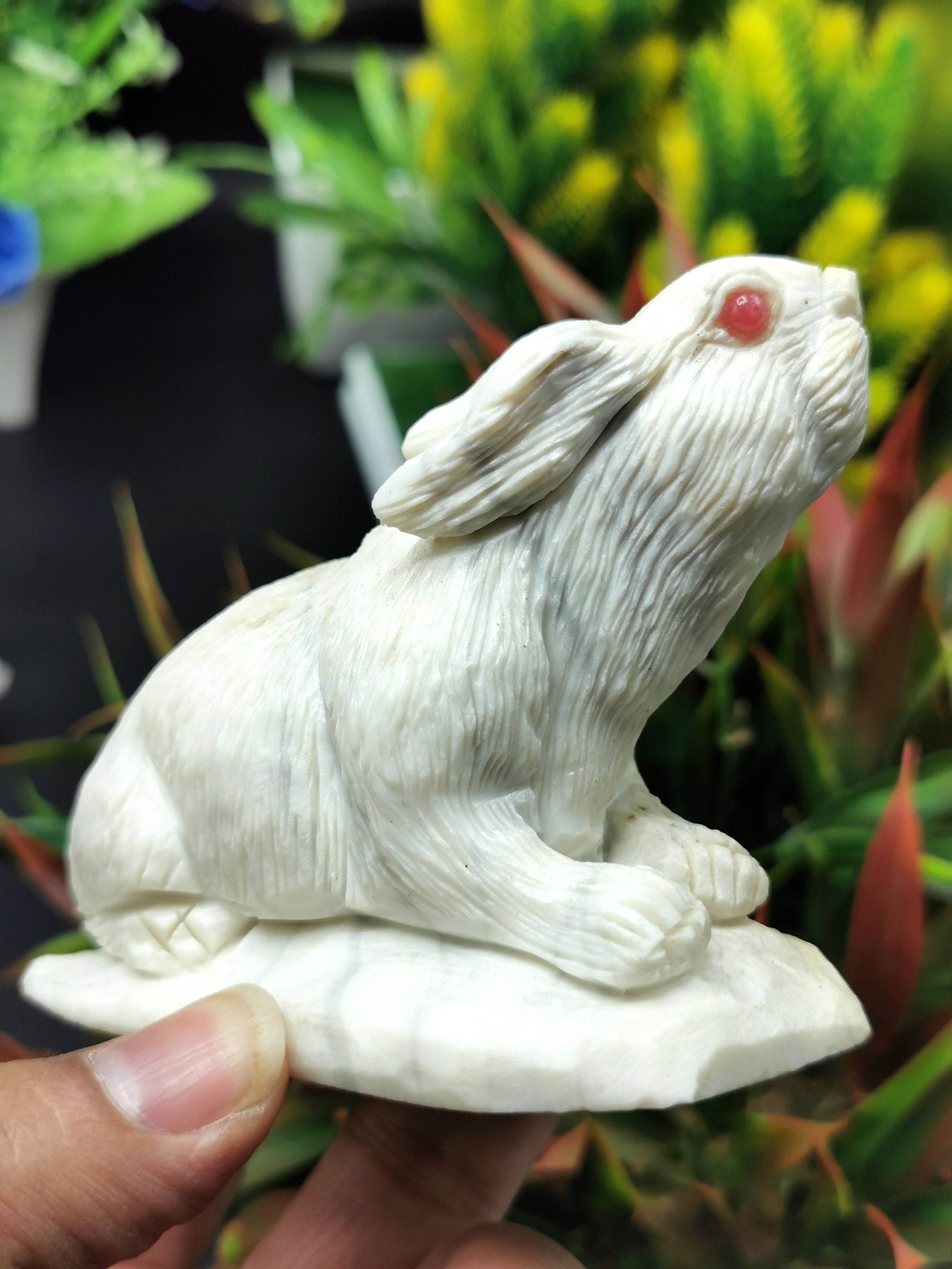 White Jade Stone carving of rabbit - spirit animal - home decor gemsto