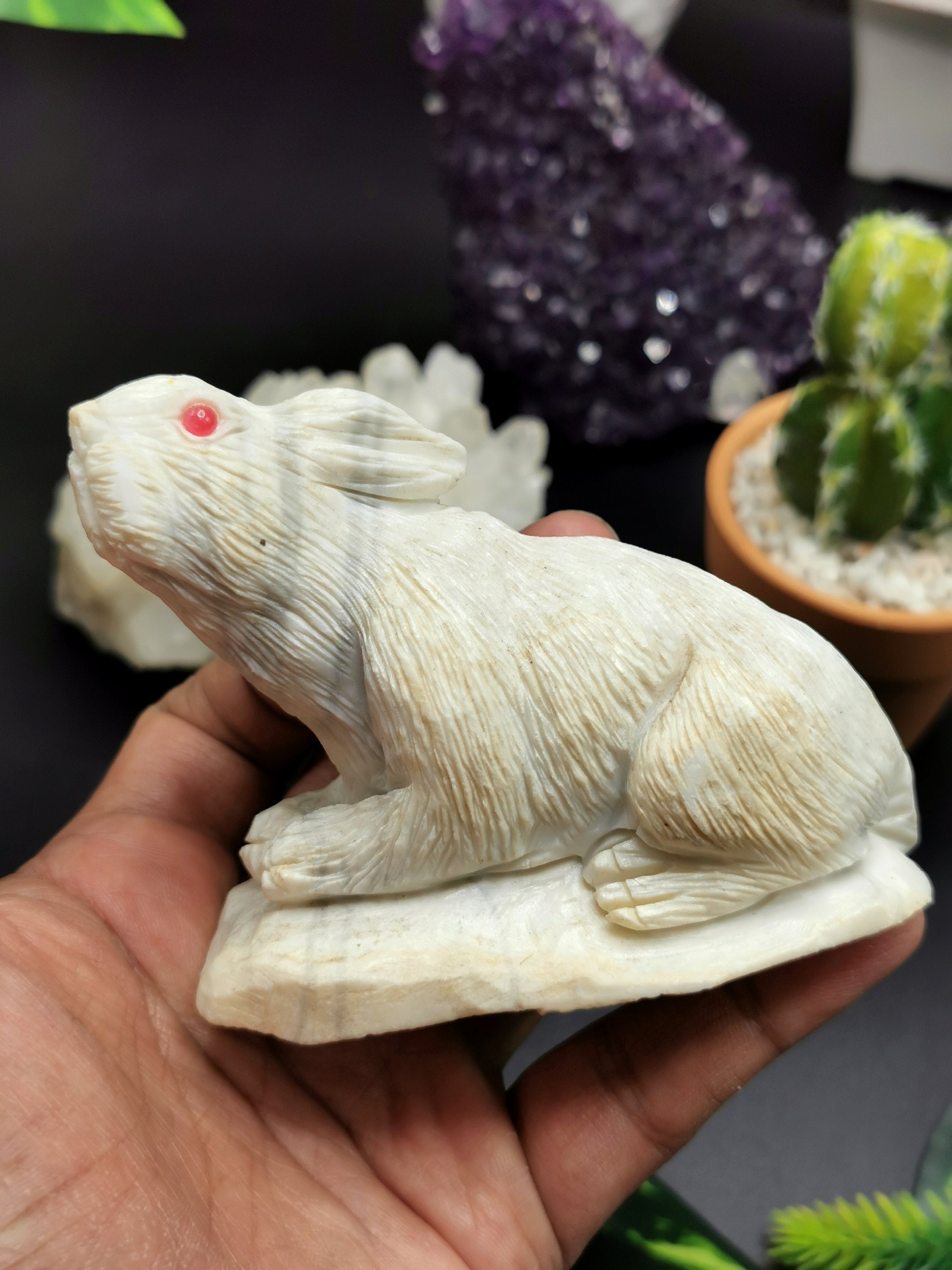 White Jade Stone carving of rabbit - spirit animal - home decor gemsto