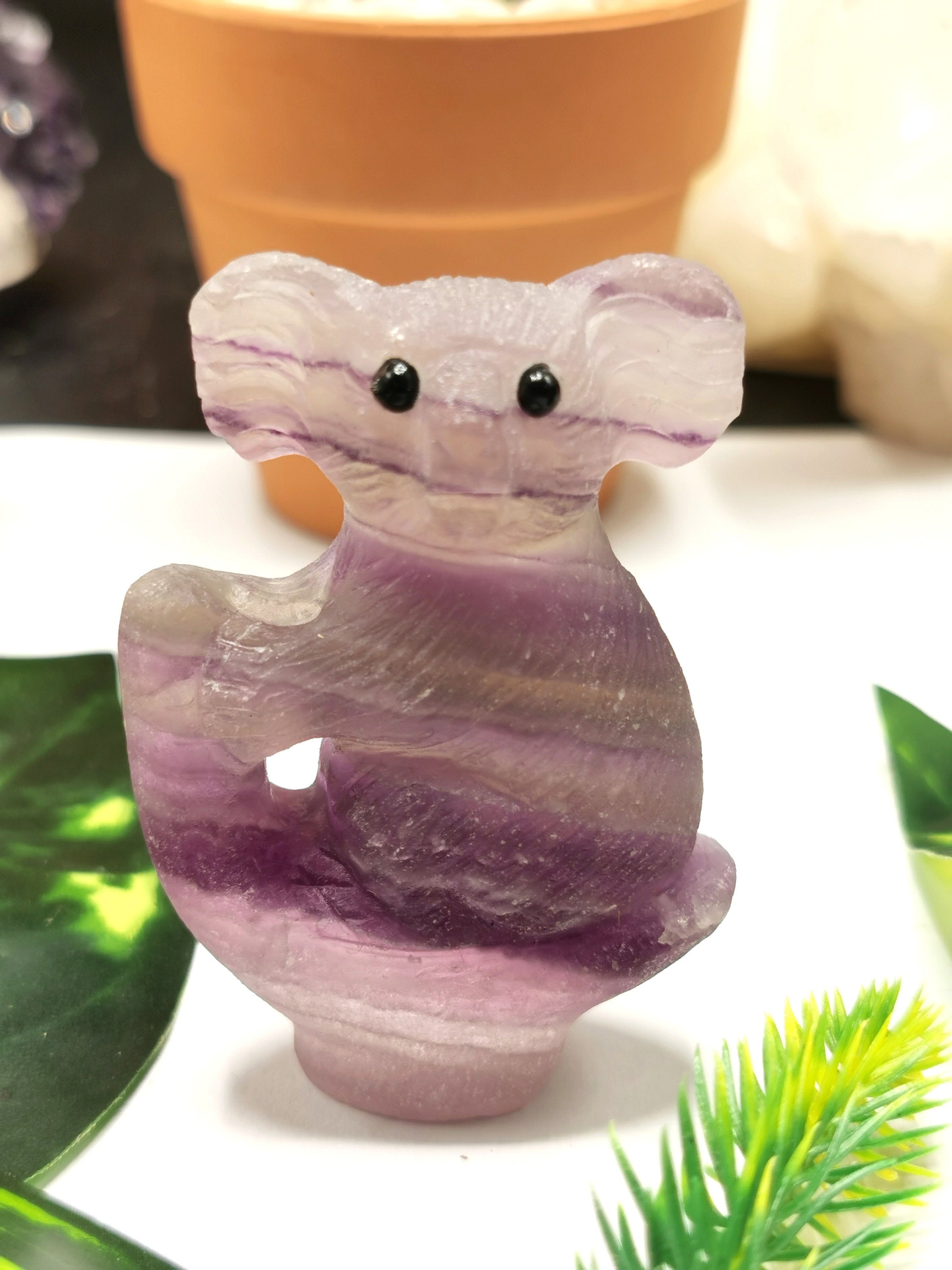 Purple Fluorite Stone carving of a beautiful Koala - Brilliantly handc