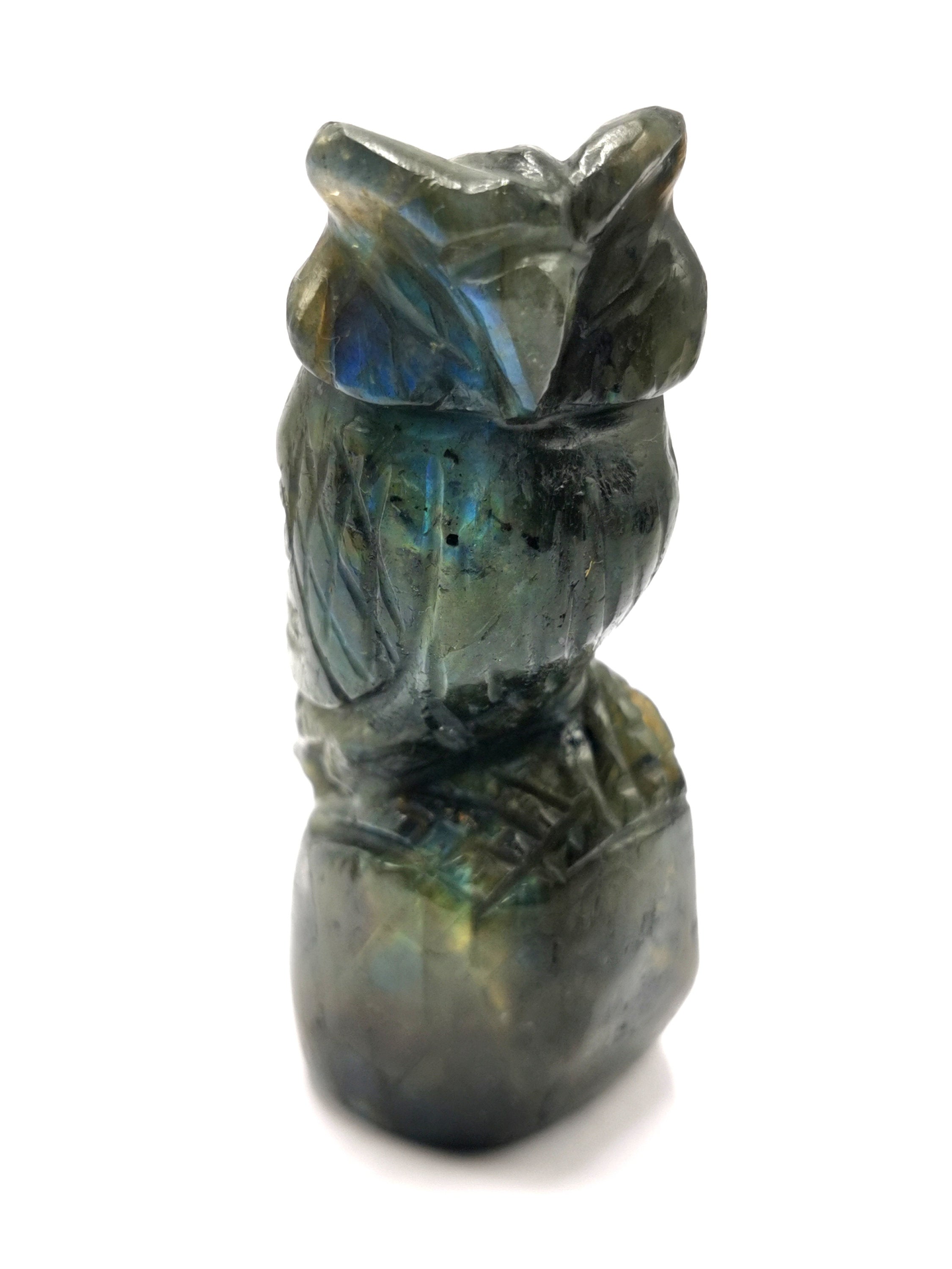 Owl carving in natural labradorite/black rainbow stone - reiki/chakra/