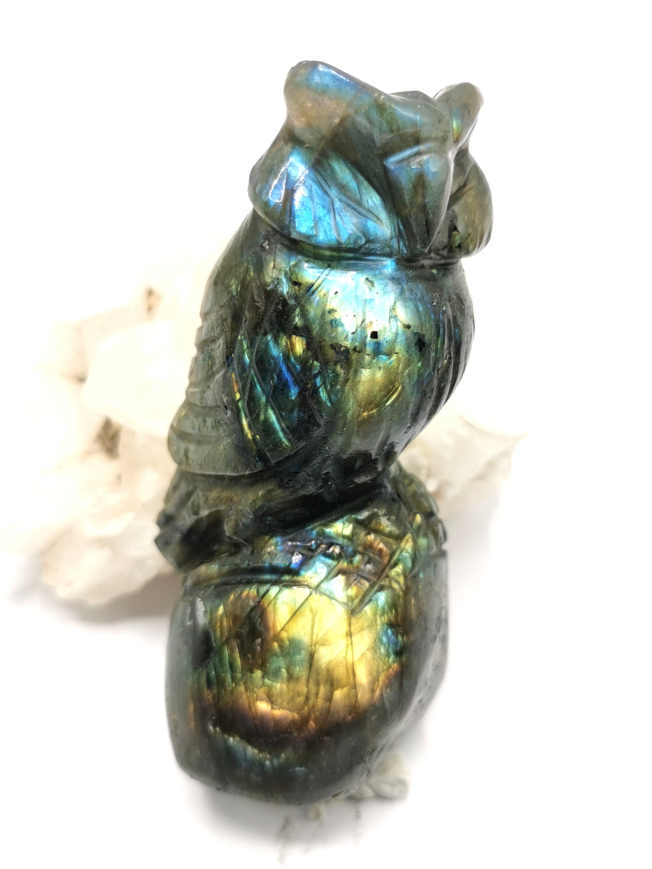 Owl carving in natural labradorite/black rainbow stone - reiki/chakra/