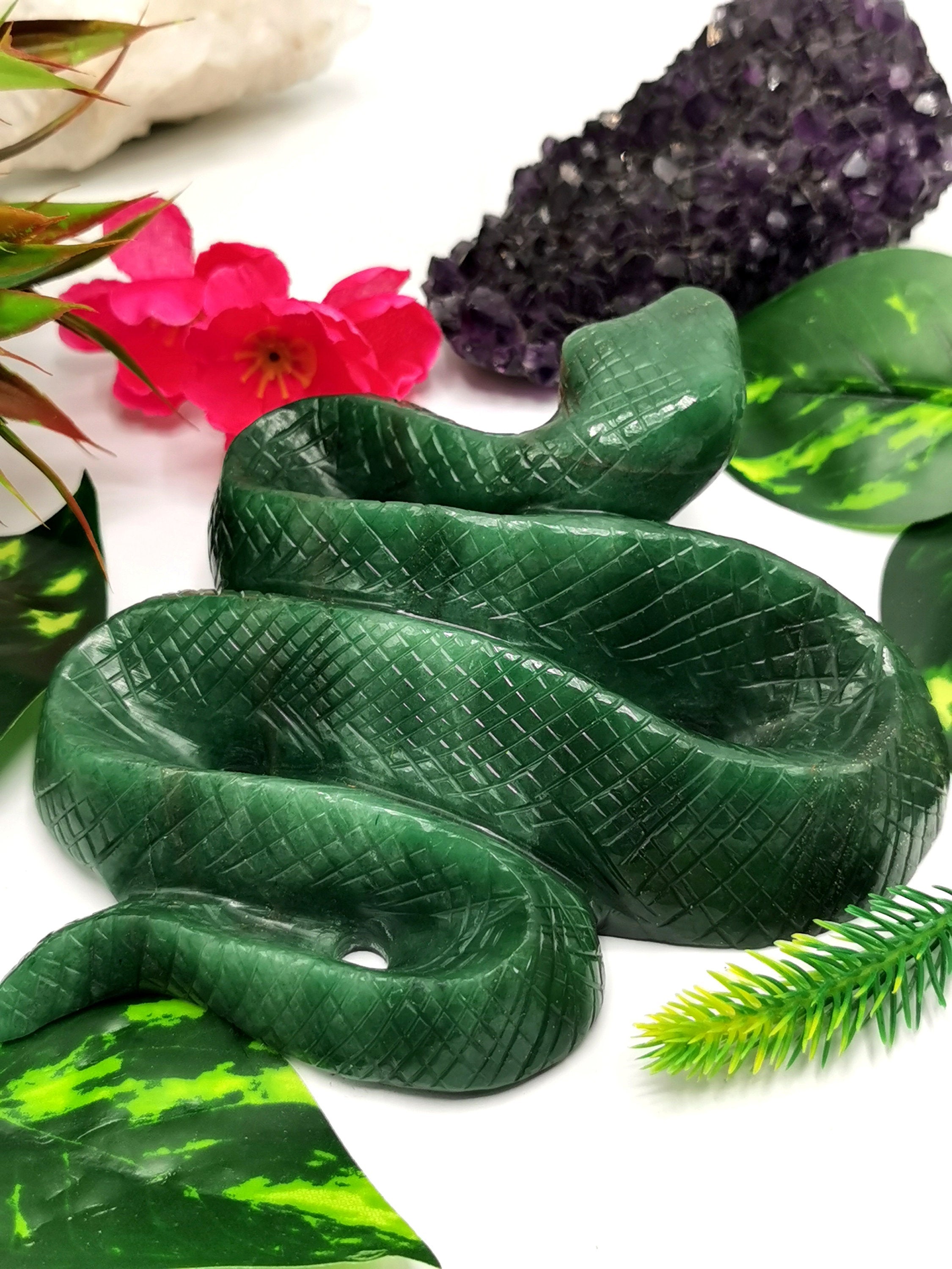 Slithering snake carving in dark green aventurine stone - crystal heal