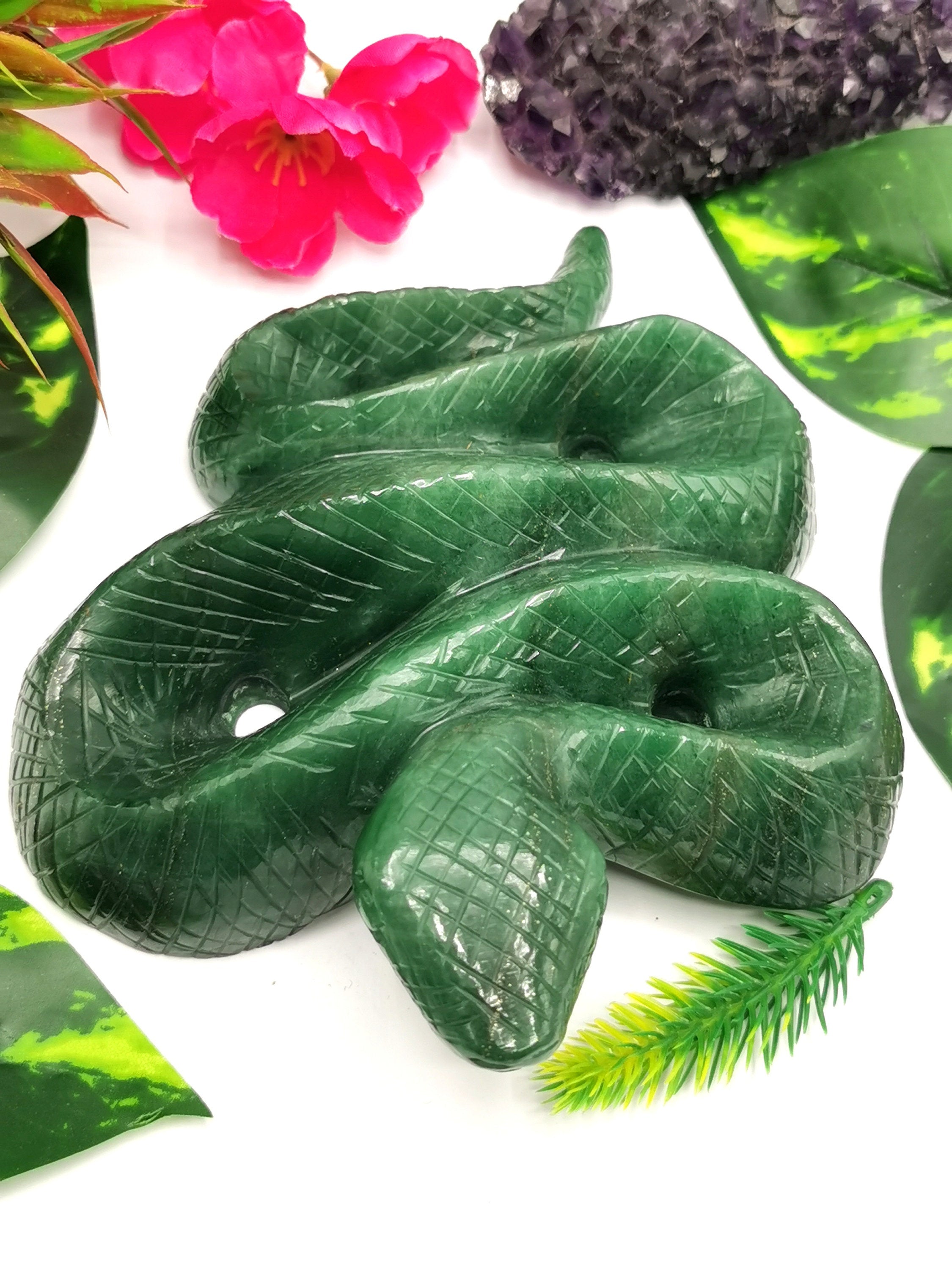 Slithering snake carving in dark green aventurine stone - crystal heal