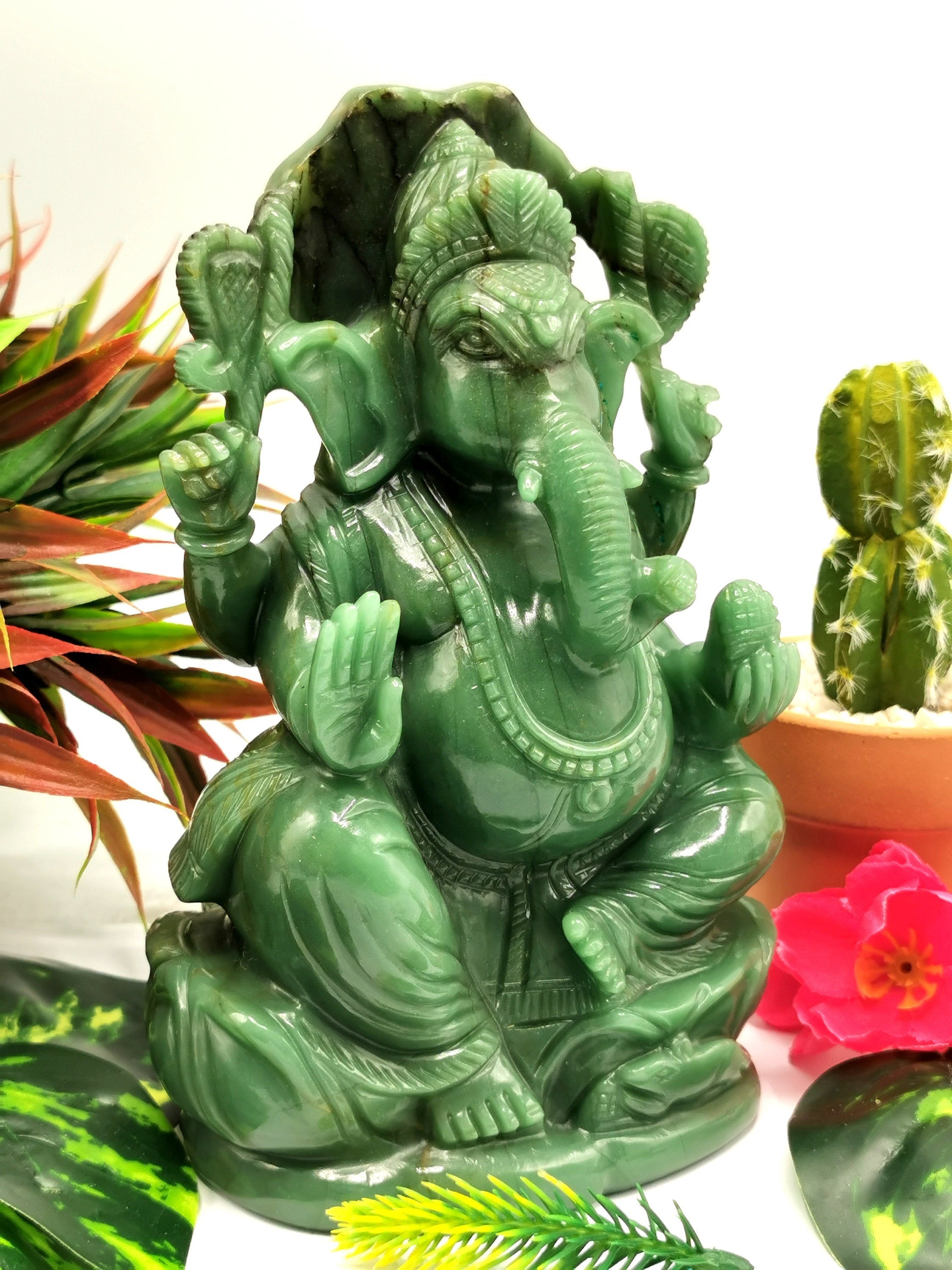 Green Aventurine Carving of Ganesh - Lord Ganesha Idol in Crystals/Gem