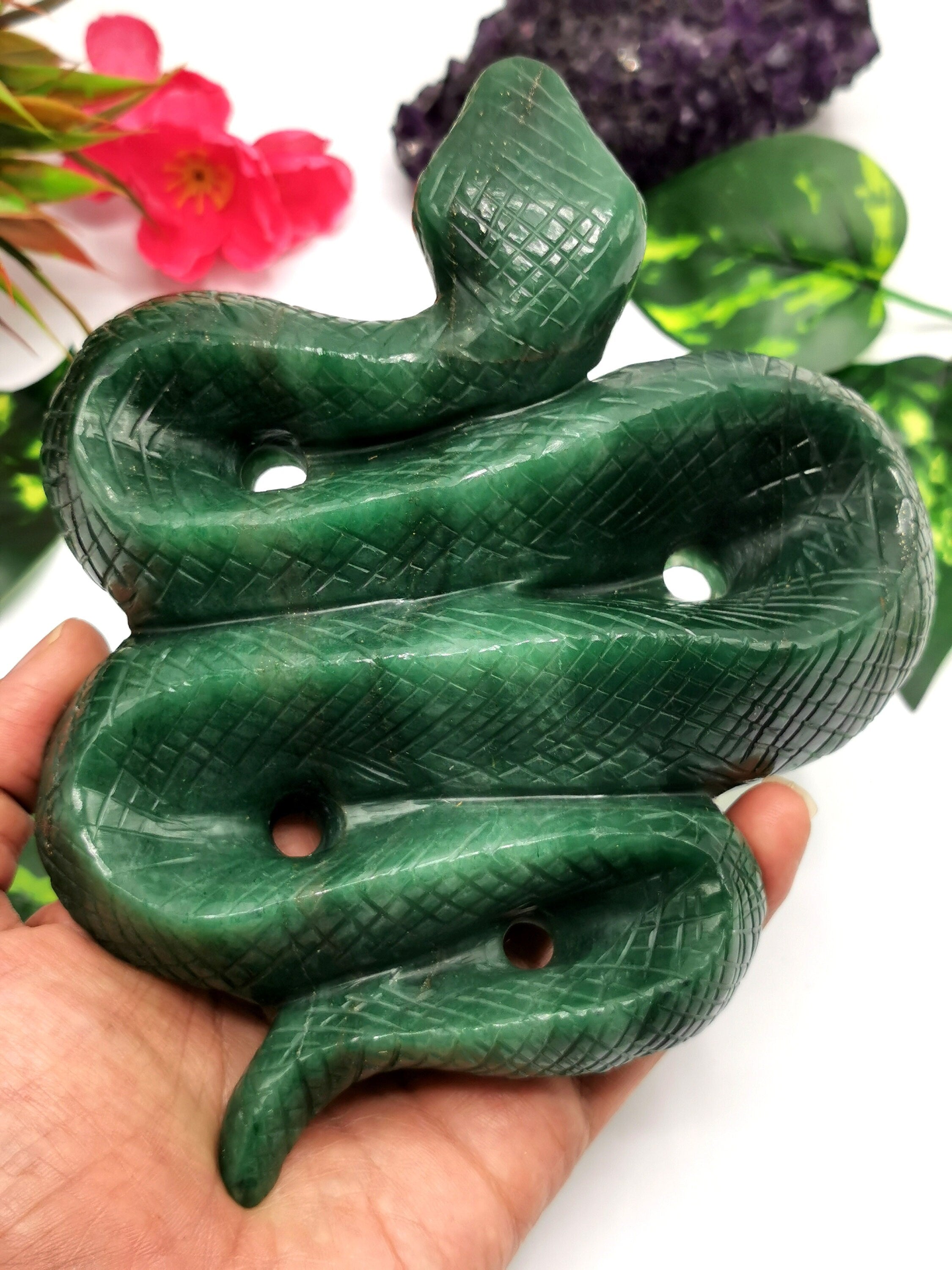 Slithering snake carving in dark green aventurine stone - crystal heal