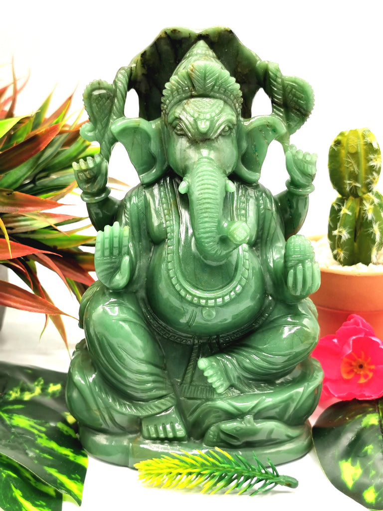 Green Aventurine Carving of Ganesh - Lord Ganesha Idol in Crystals/Gem