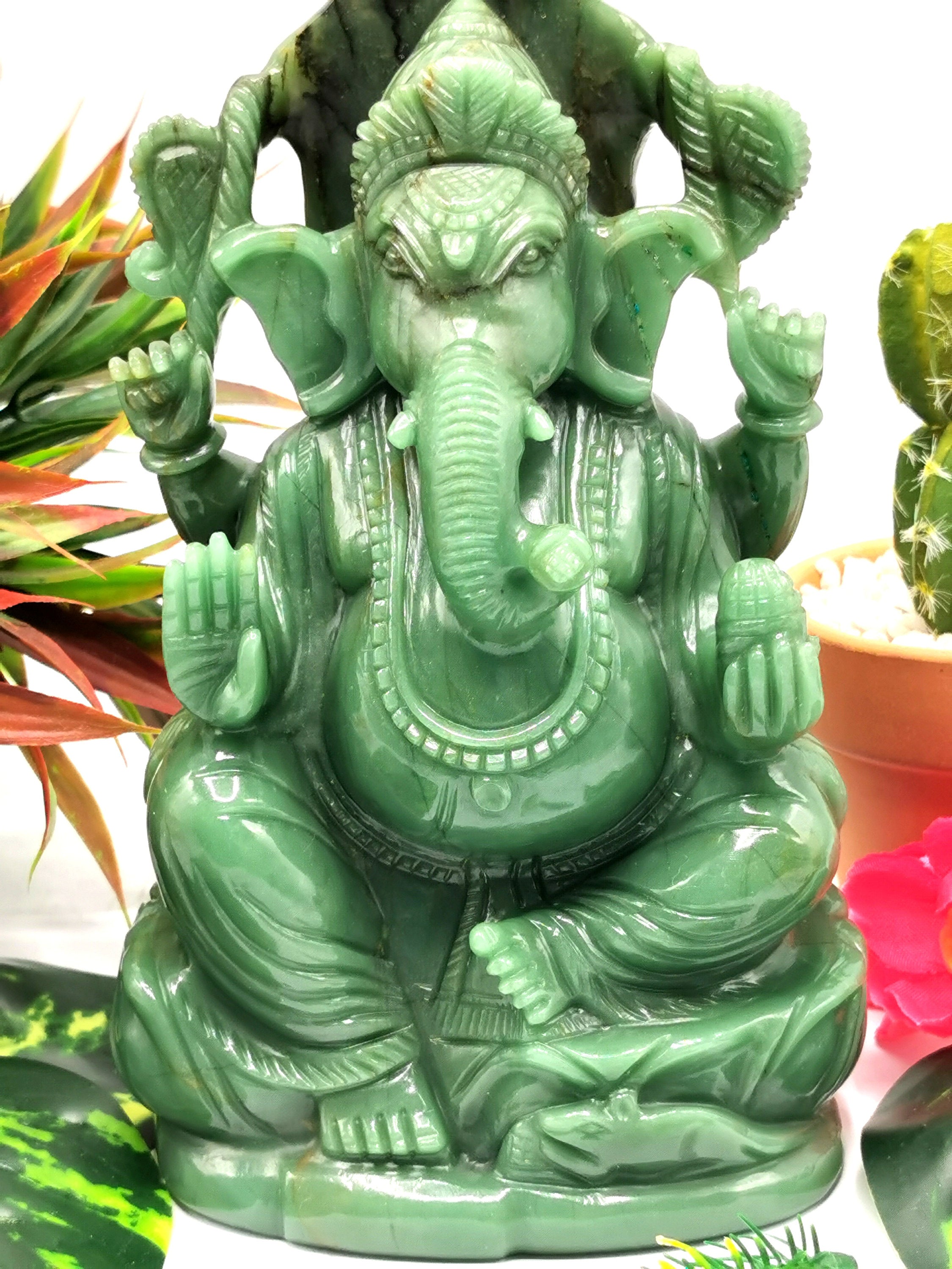 Green Aventurine Carving of Ganesh - Lord Ganesha Idol in Crystals/Gem