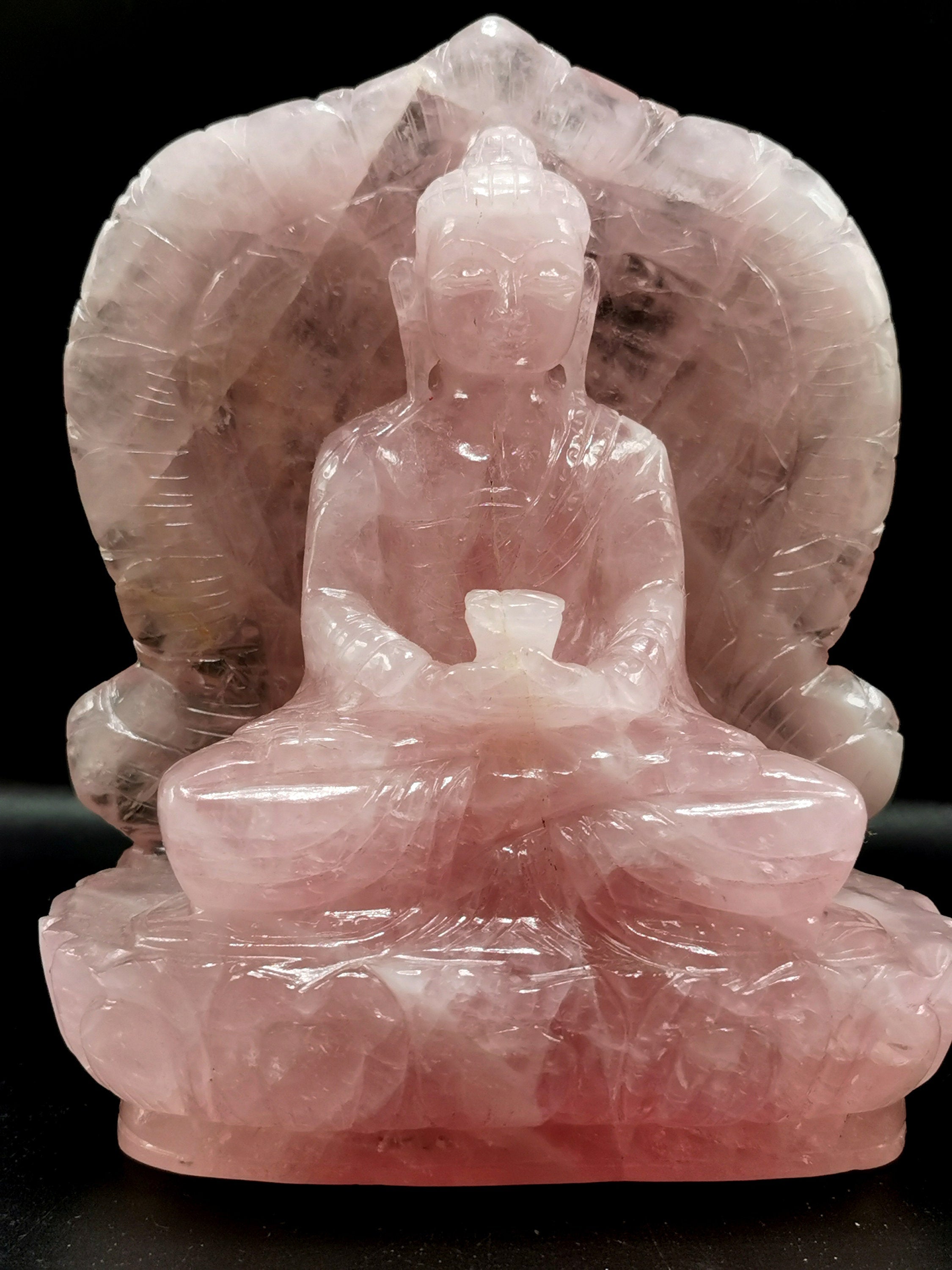 Rose Quartz Buddha - handmade carving of serene and meditating Lord Bu