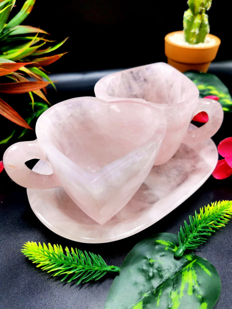Rose quartz tea set - exquisite carving of a set of 2 heart-shaped tea