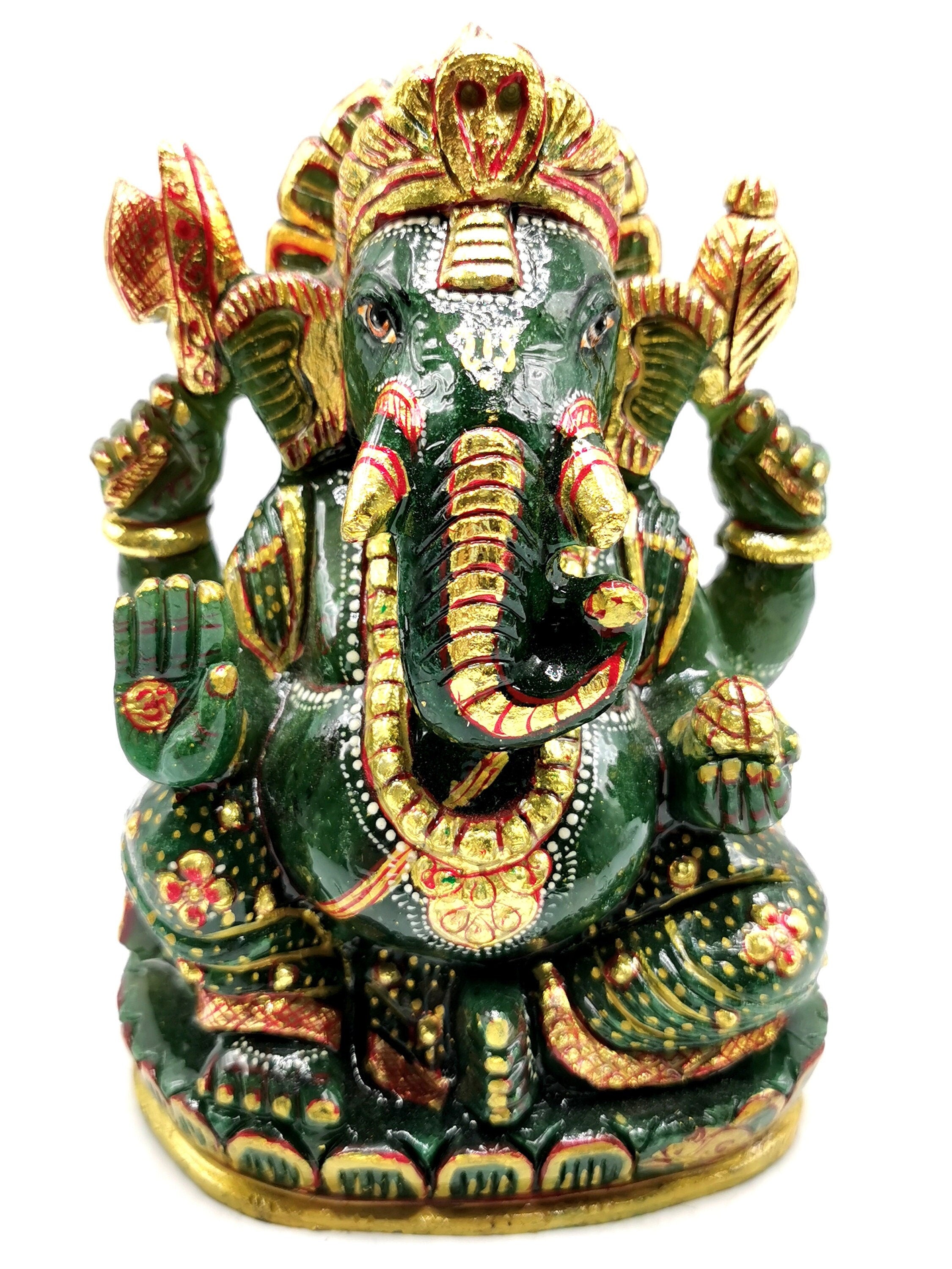 Green Aventurine Handmade Carving of Ganesh - Handpainted Lord Ganesha