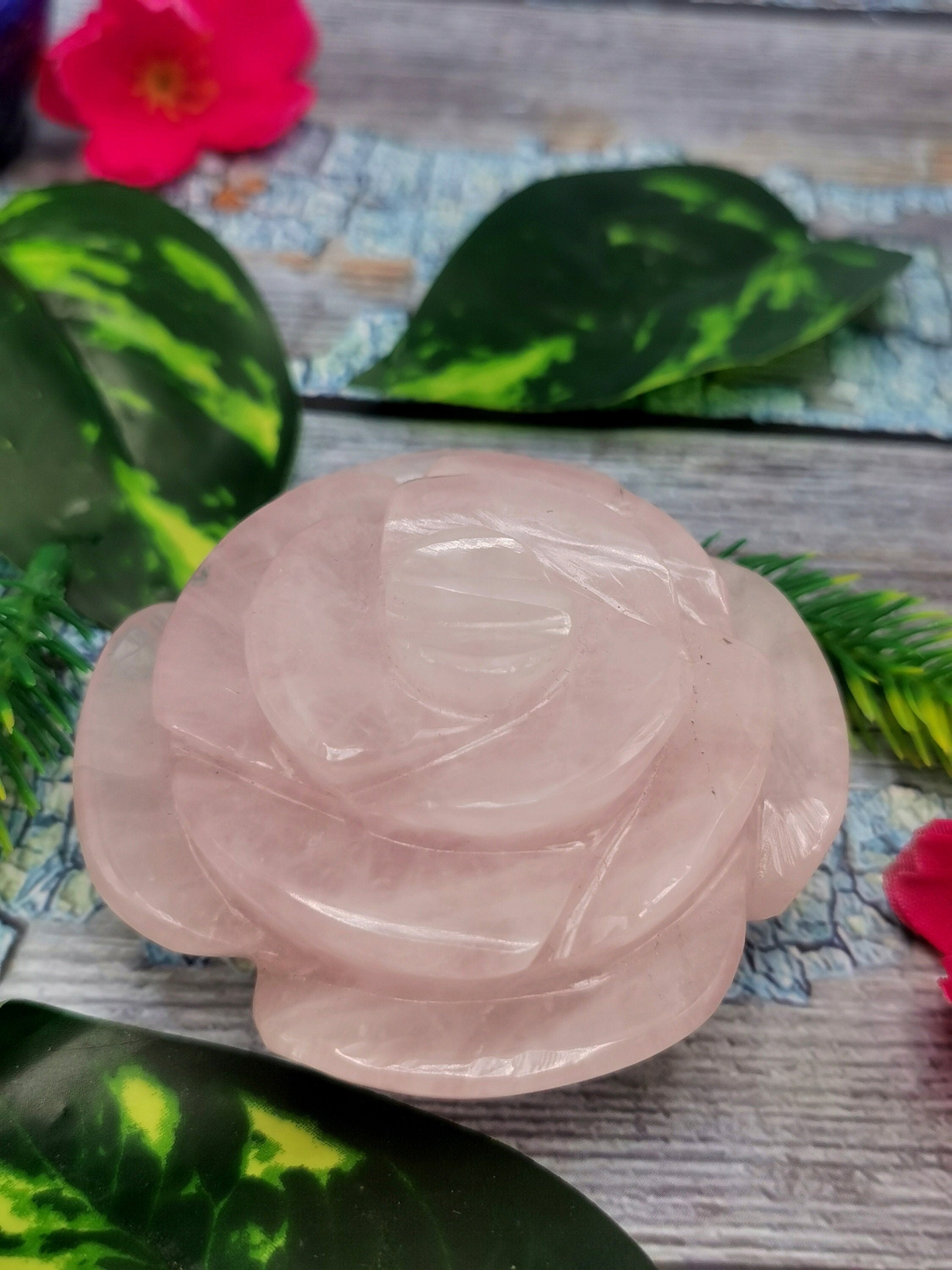 Gemstone Rose Quartz hand carved rose flower carvings - ONE PIECE ONLY