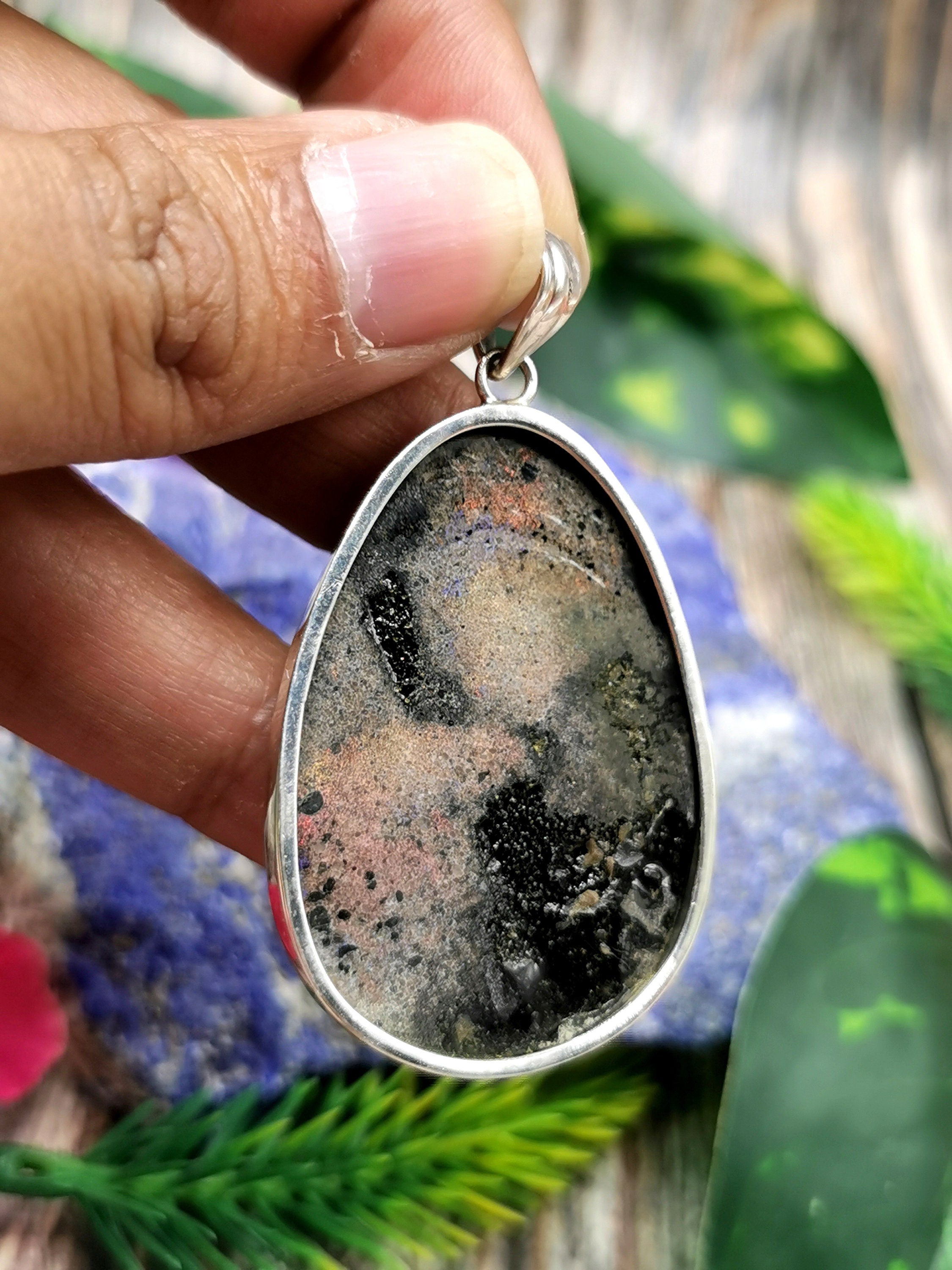 Flashy Black Matrix Opal Pendant in 925 Sterling Silver - crystal/gems