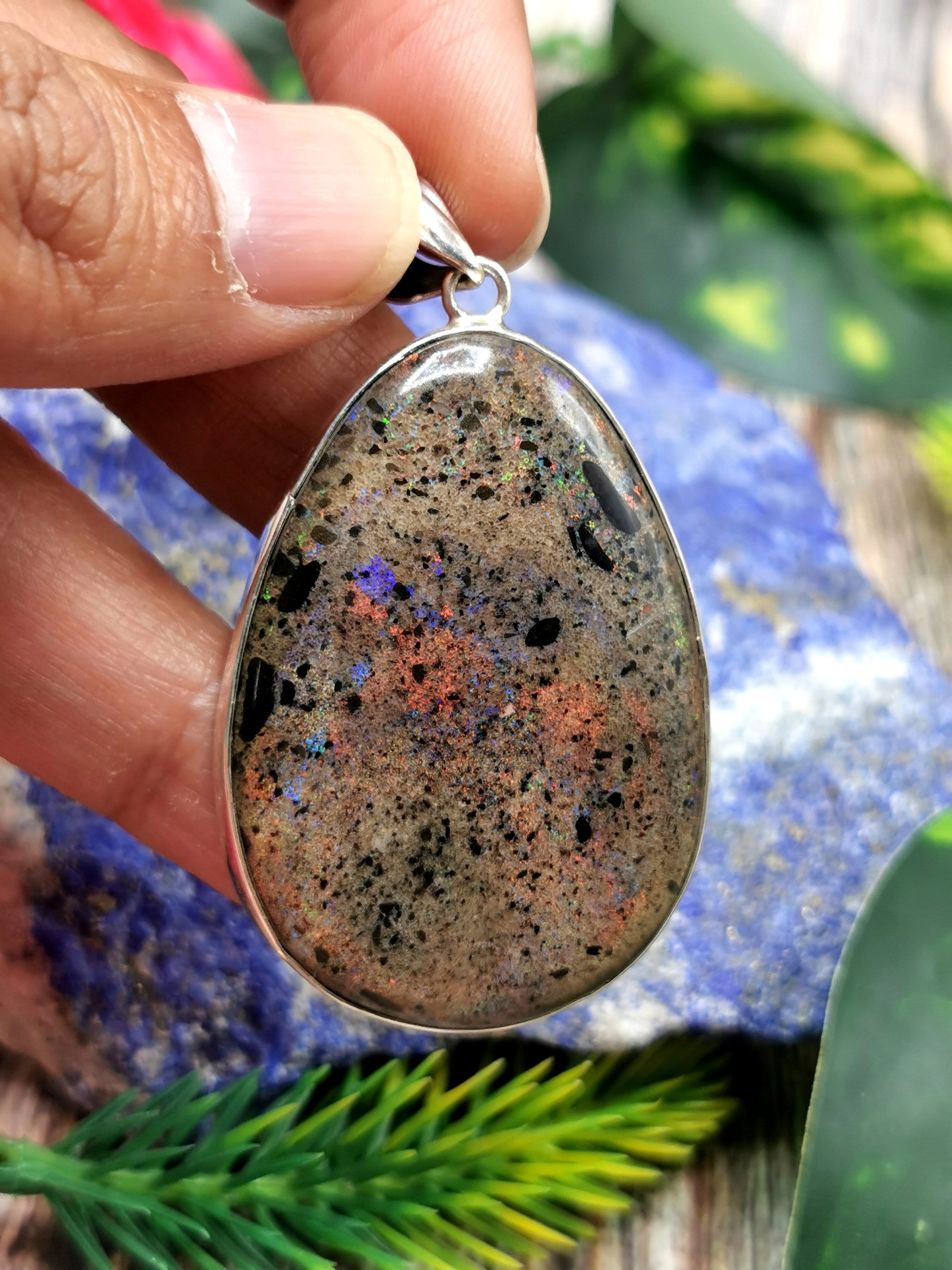 Flashy Black Matrix Opal Pendant in 925 Sterling Silver - crystal/gems