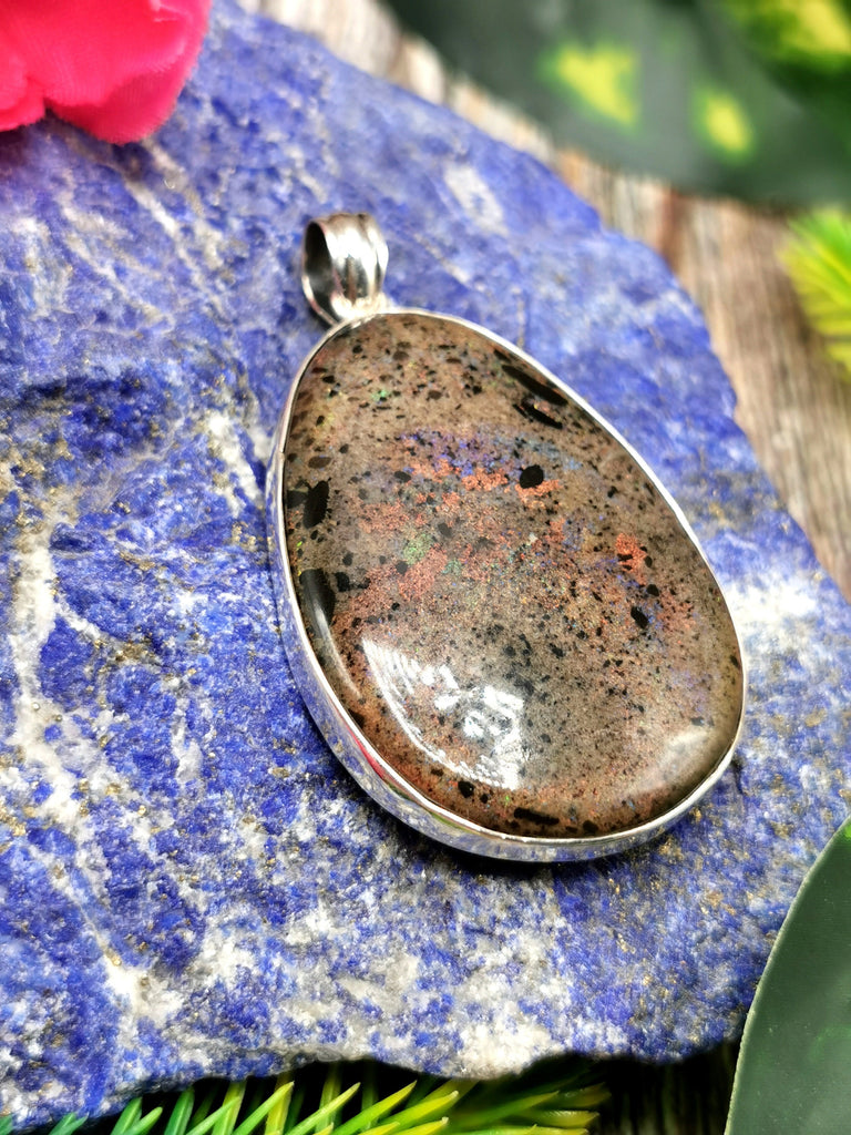 Flashy Black Matrix Opal Pendant in 925 Sterling Silver - crystal/gems