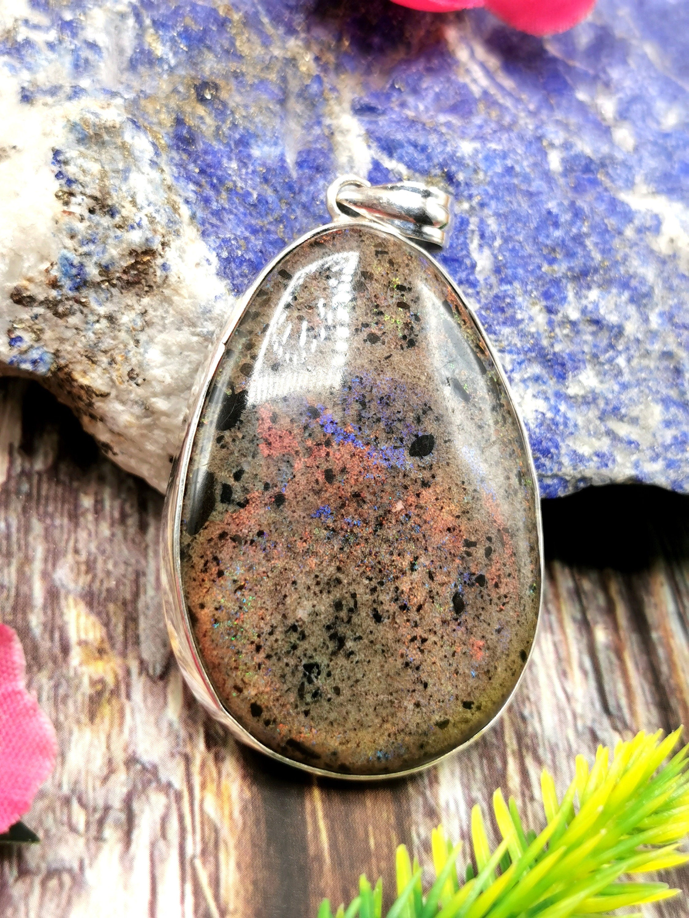 Flashy Black Matrix Opal Pendant in 925 Sterling Silver - crystal/gems