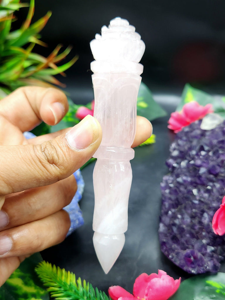 Rose Quartz carving of a traditional phurba - Carvings in gemstones an