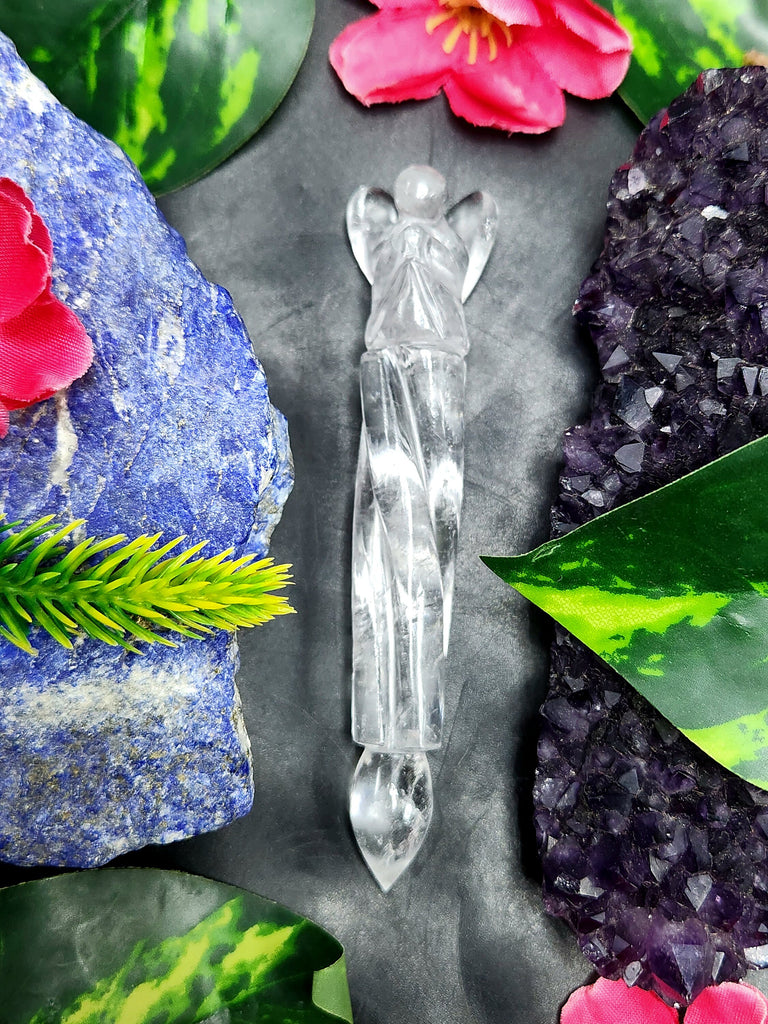Clear Quartz carving of a traditional phurba with angel carving at top