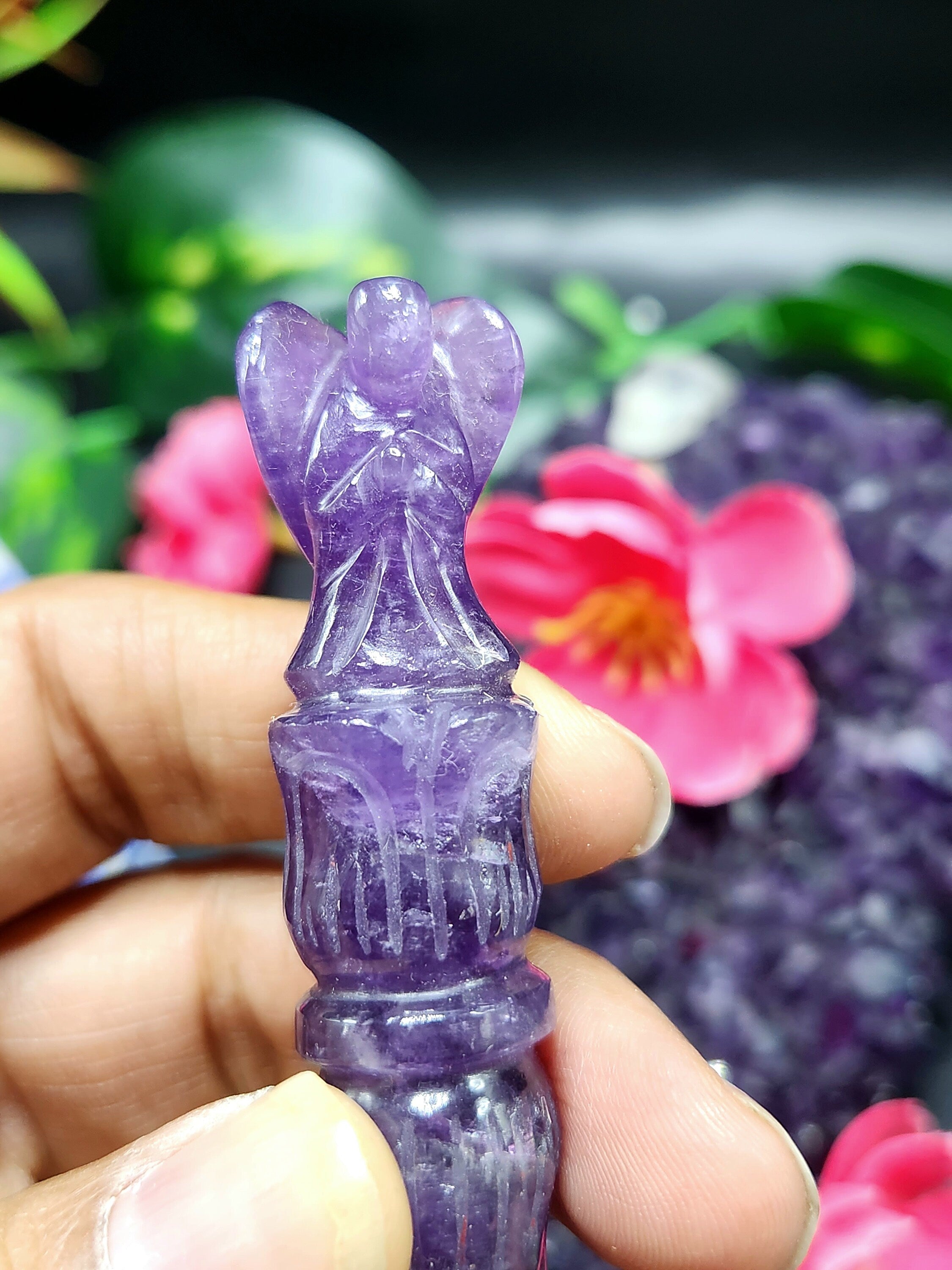 Unique Amethyst carving of a traditional phurba with angel carving at