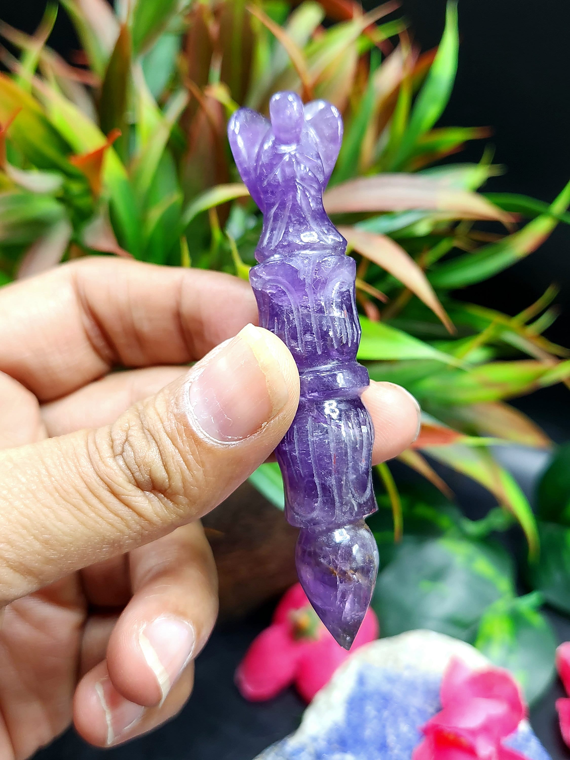 Unique Amethyst carving of a traditional phurba with angel carving at