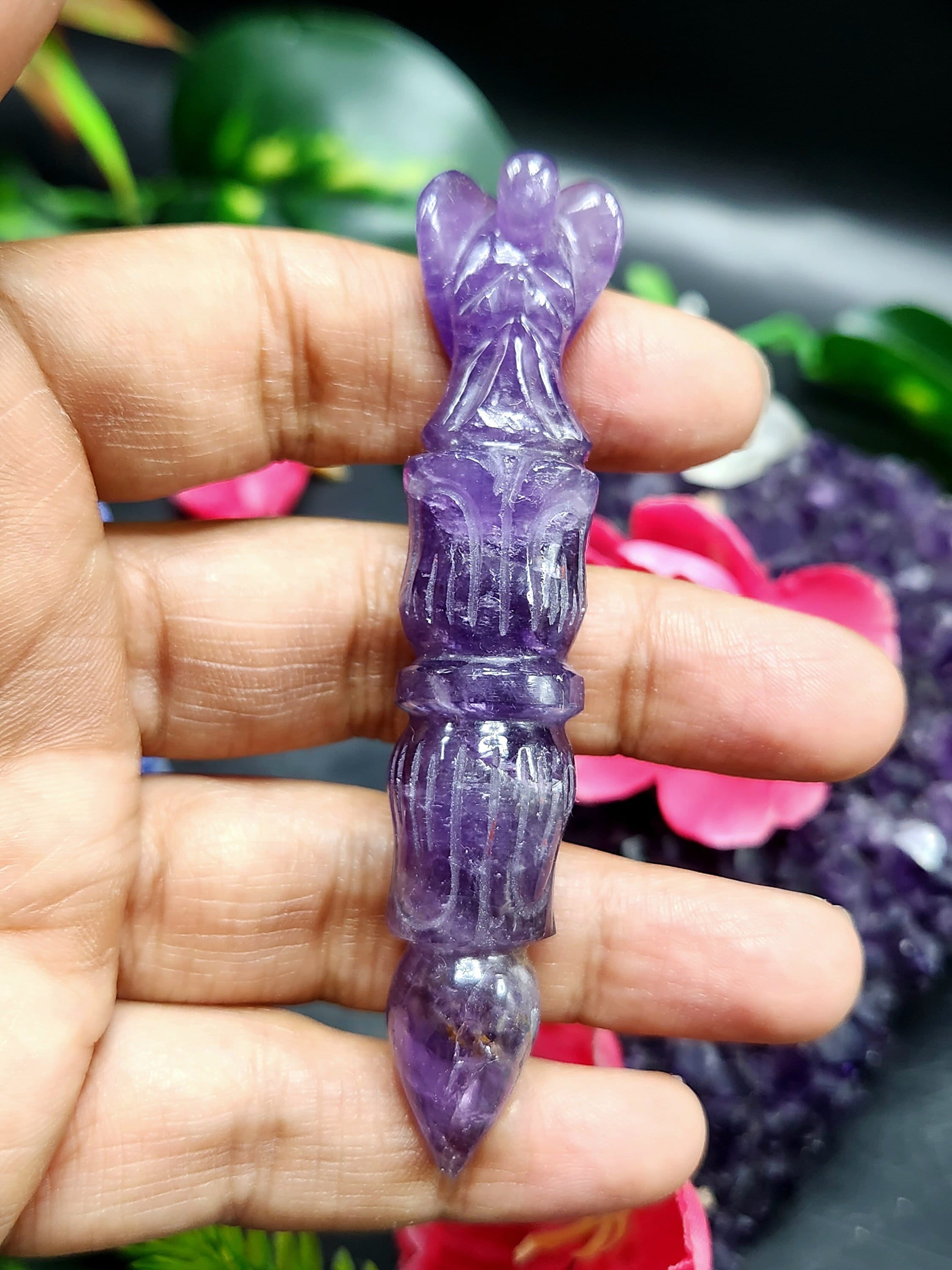 Unique Amethyst carving of a traditional phurba with angel carving at