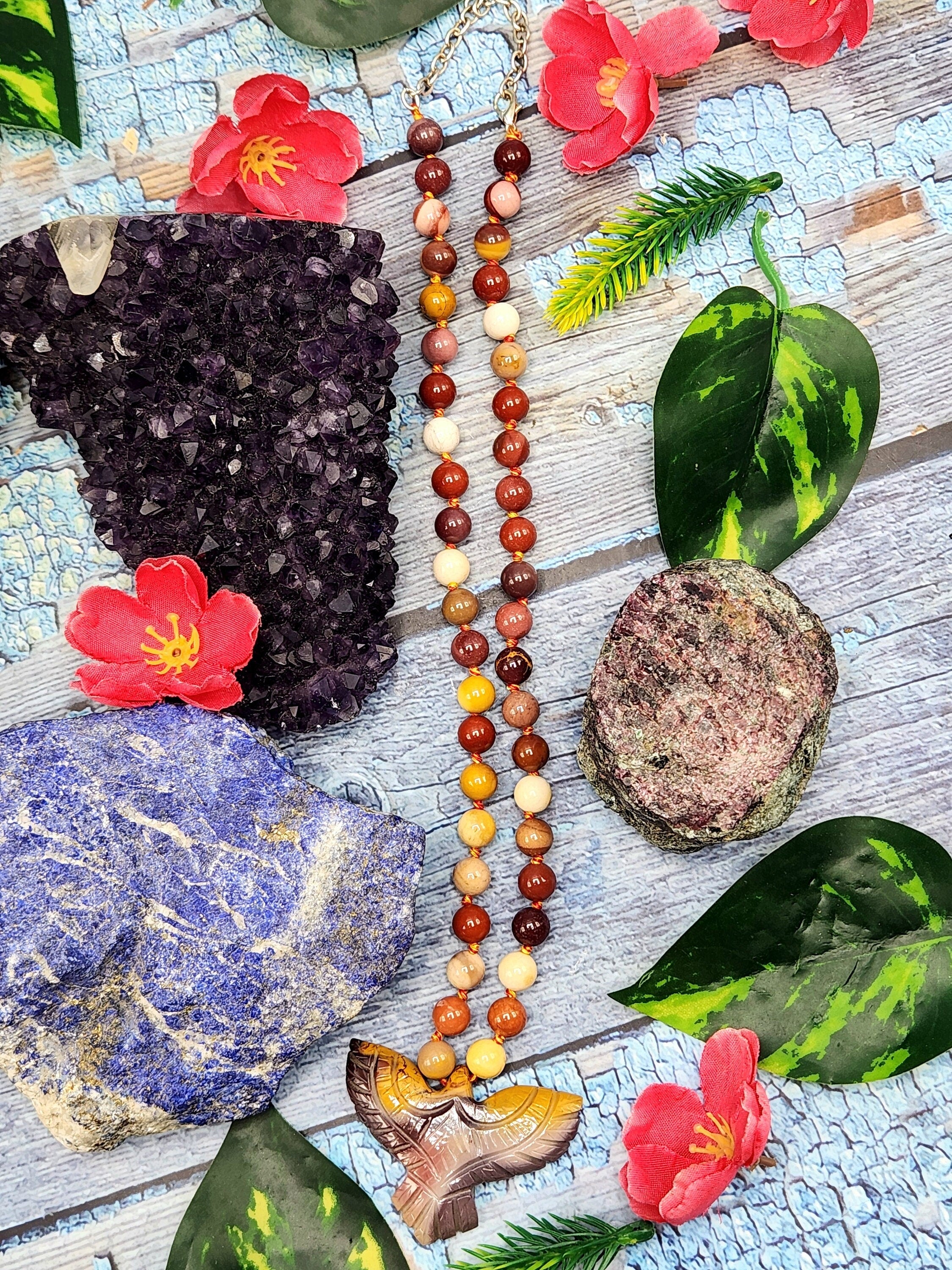 Mookaite Jasper Bead Mala with Mookaite Jasper Phoenix Pendant - Symbo